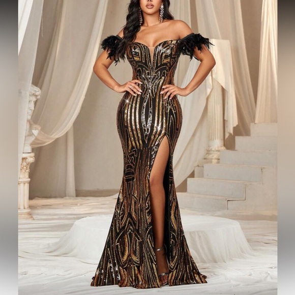 Dresses | Luxe Slit Thigh Feather Detail Sequins Mermaid Hem Party ...